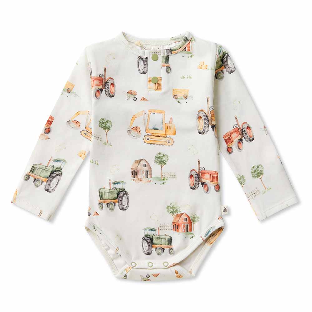 Diggers Organic Long Sleeve Baby Bodysuit | Snuggle Hunny